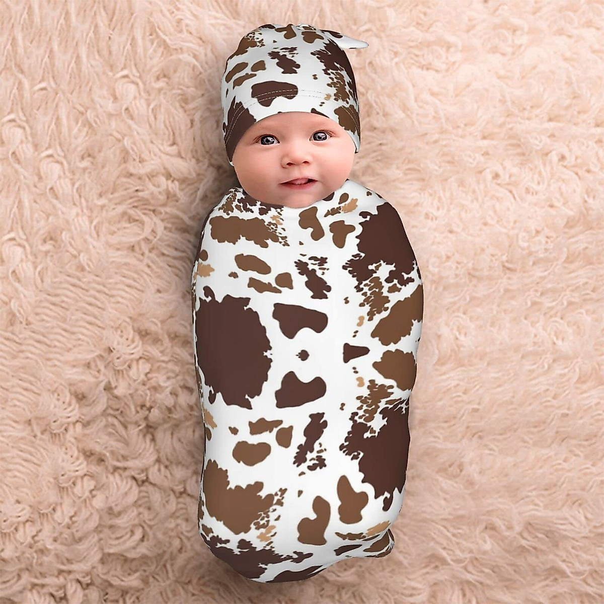 Brown Cow Print Baby Stuff New Born Baby Swaddle Blanket Soft Baby Sleep Sack Baby Blankets with Beanie Hat Gifts for Boys Girls Infant