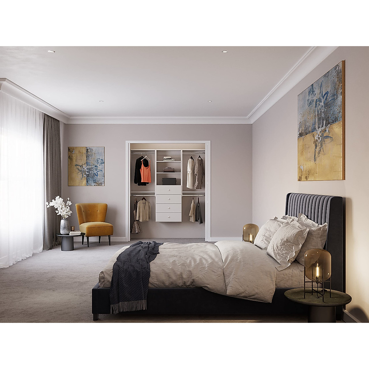 Closet Kit with Hanging Rods, Shelves & Drawers - Corner Closet System - Closet Shelves - Closet Organizers and Storage Shelves (White, 66 inches Wide) Closet Shelving