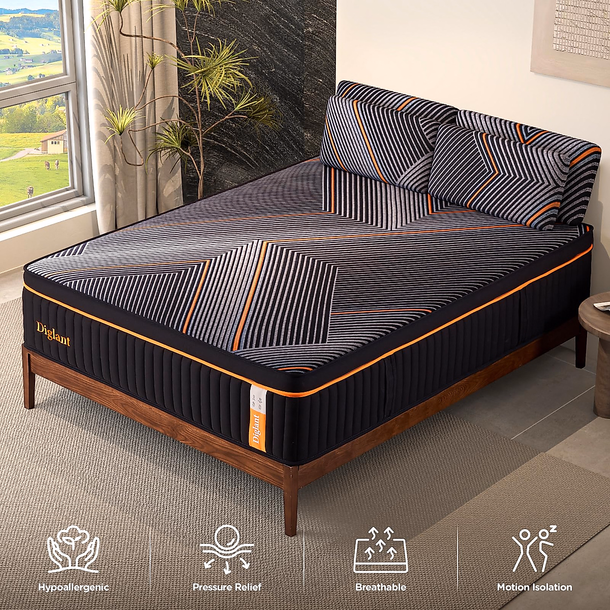 DIGLANT King Mattress, 14 Inch Plush Hybrid Mattress, Black Memory Foam with Individually Pocket Coils Mattress King Size in Box, Euro Top Mattress for Pressure Relief,Balanced Support, 76"*80"