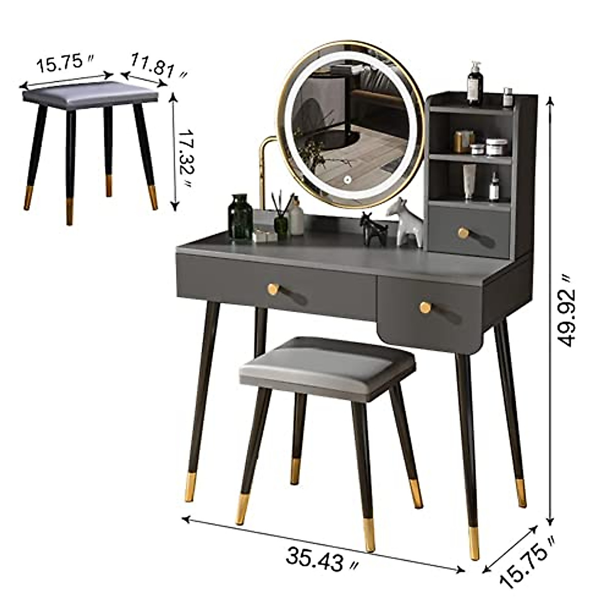 Vanity Desk,Make Vanity Set with Touch Screen Dimming Mirror, 3 Color Lighting Modes, Dressing Table with 3 Sliding Drawers, Modern Bedroom Makeup Table and Cushioned Stool Set for Women Girls