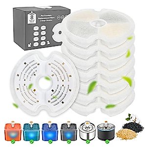 MyfatBOSS Cat Water Fountain Filter, 8 Pack Pet Fountain Filter Replacement for 84oz/2.5L Stainless Steel Cat Water Fountain 2L Colorful LED Pet Cat Dog Water Dispenser