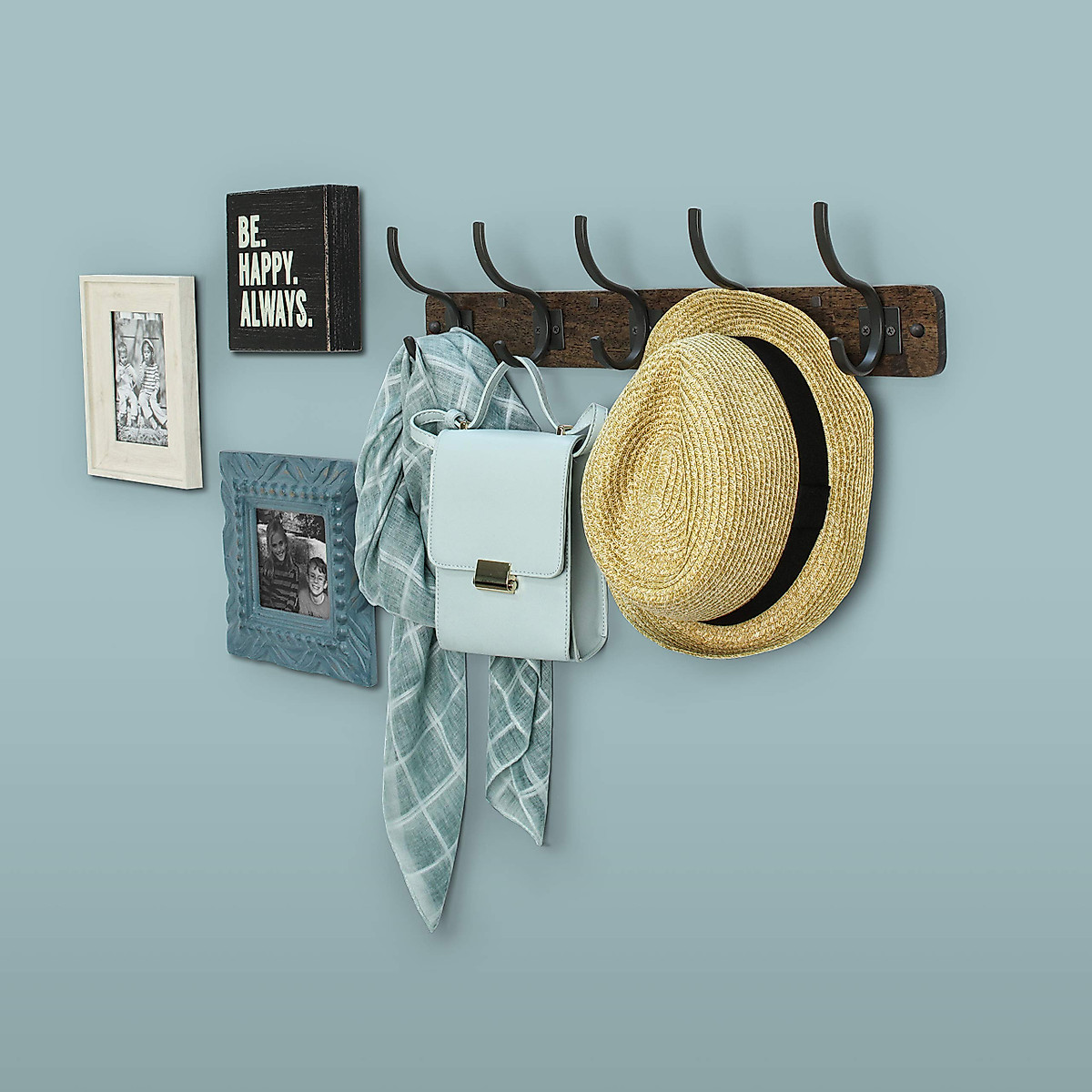 Spectrum Diversified Richmond Wall Mount 5 Hook Wood Rack for Storage and Organization of Entryway Bedroom and More, Coffee/Industrial Gray