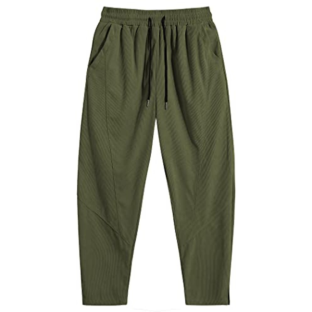 COOFANDY Men Corduroy Pants Drawstring Waist Loose Casual Long Trousers with Pockets, ArmyGreen, XL