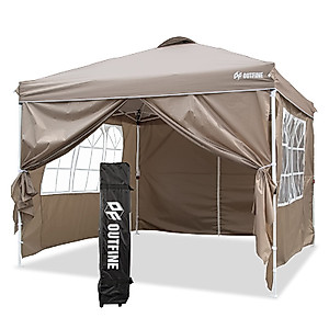 OUTFINE Patio Canopy 10'x10' Pop Up Commercial Instant Gazebo Tent, Outdoor Party Canopies with 4 Removable Sidewalls, Stakes x8, Ropes x4 (Khaki, 10 * 10FT)