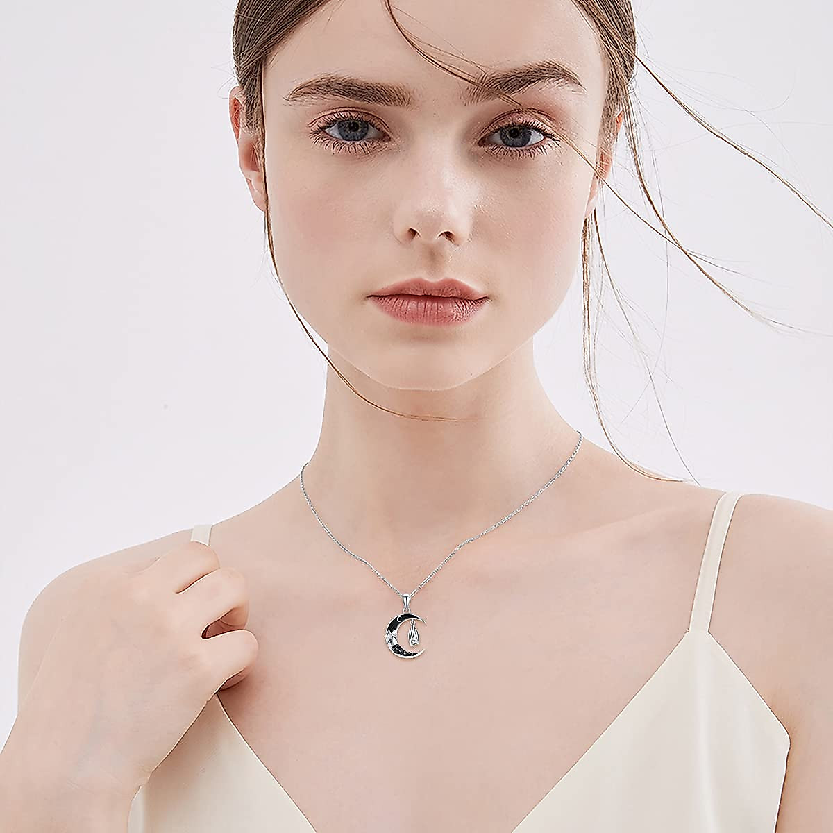 Flpruy Bat Crescent Moon Necklace 925 Sterling Silver Gothic Pendant Black CZ Mountain Necklace Jewelry for Women