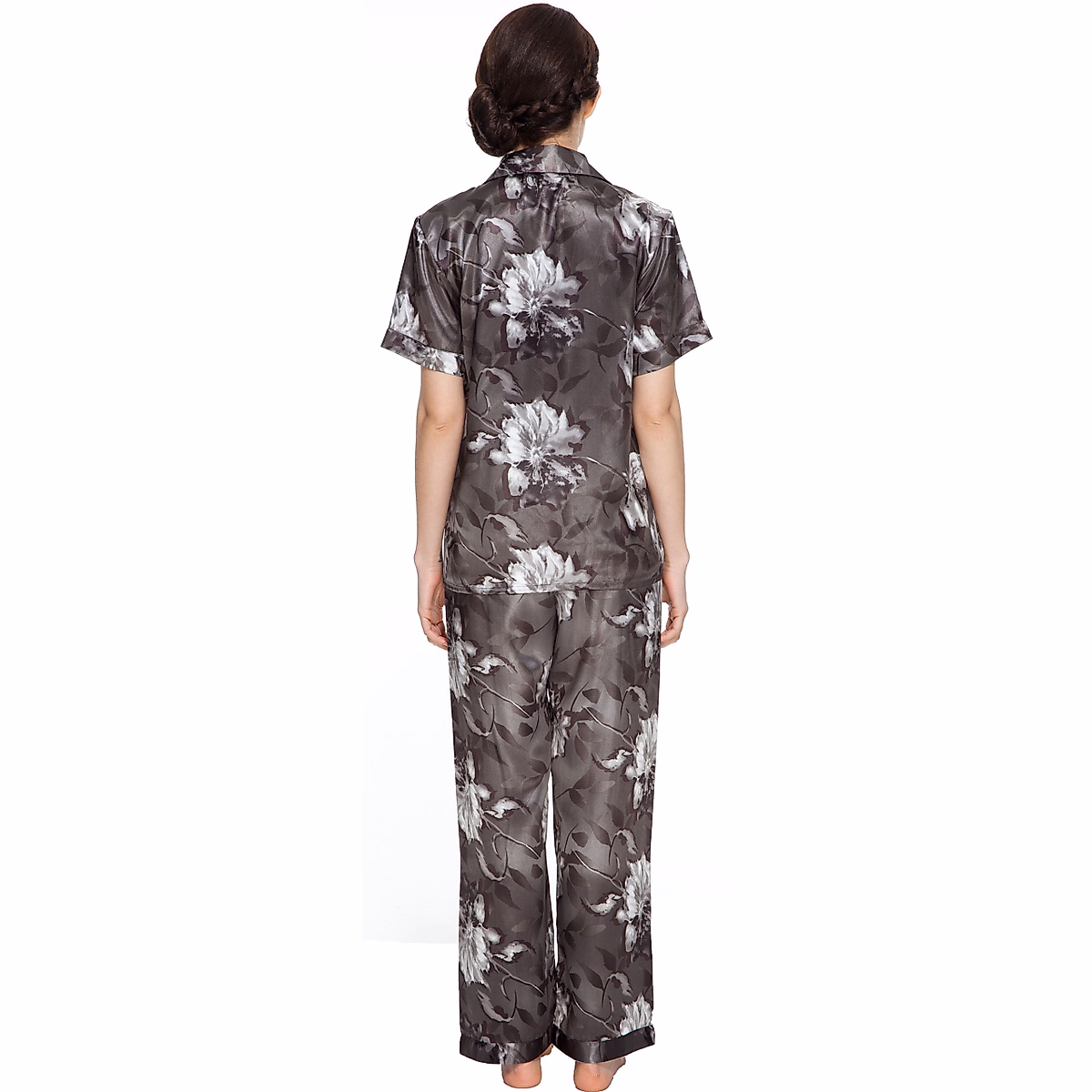 Lavenderi Women's Short Sleeve Classic Satin Pajama Set（X-Large,Silver