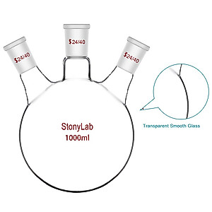 StonyLab Glass 3 Neck Round Bottom Flask RBF, with 24/40 Center and Side Standard Taper Outer Joint (1L)