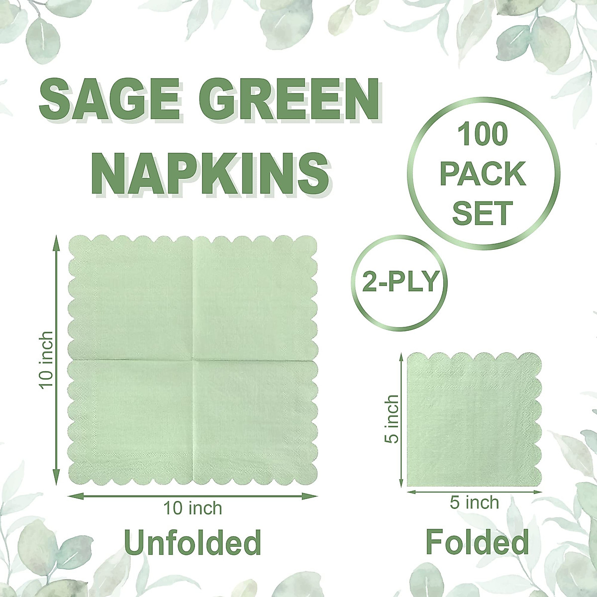 100 pcs Sage Green Napkins, Scalloped Napkins, Green Napkins, Sage Green Napkins Disposable, Sage Green Cocktail Napkins, Sage Green Paper Napkins 10 x 10 inches