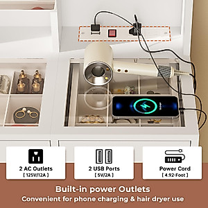 Vanity Desk with Openable Mirror and Lights, Glass Tabletop Makeup Vanity Set with Charging Station, White Vanity Table with 3 Drawers & 2 Cabinets, DIY Drawer Dividers, Hidden Hooks