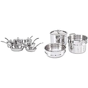 Viking Contemporary 3-Ply Stainless Steel Cookware Set, 10 Piece & Steel Pasta Pot with Steamer, 8 Quart