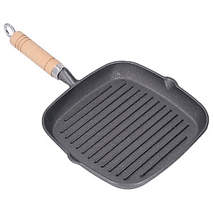 Cast Iron Grill Pan,Grill Pan,Multipurpose Prevents Stick Quadrate Cast Iron Steak Pan with Easy Grease Drain Spout with Wooden Handle for Bacon Steak Onion