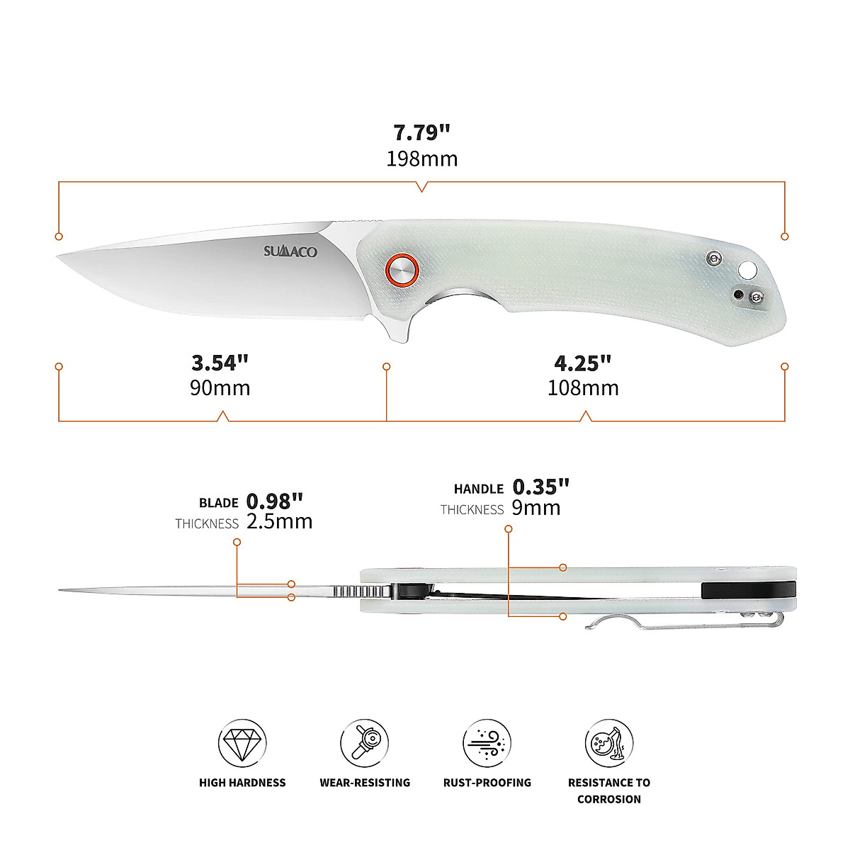 SUMACO Pocket for Men Knife D2 Steel & G10 Handle 3.54" Blade Length Pocket Knives With Clip & Folding Knives - EDC Camping Fishing Outdoor Jade