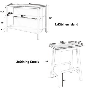Bellemave Kitchen Island with Seating for 2, 3 Piece Counter Height Dining Table Set with Storage, Farmhouse Wood Bar Table with Stools, Small Breakfast Dinner Table & Chairs, Walnut