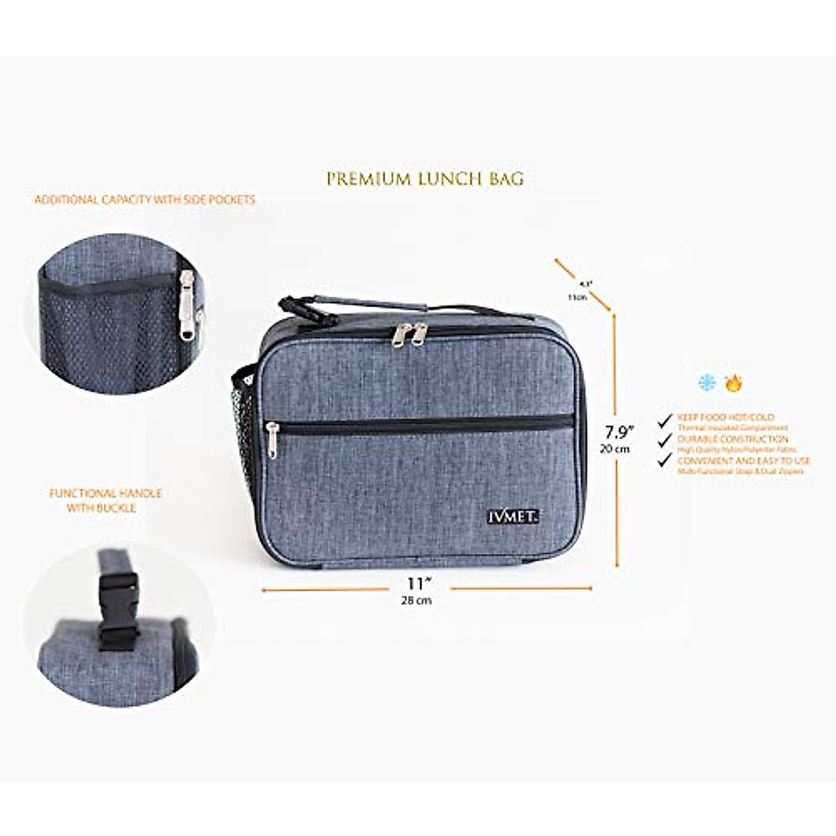 IVMET 3-Piece Lunch Bag Kit Insulated Bento Lunch Box Food Jar Vacuum Stainless Steel thermos with Spoon Leak Proof Hot Cold for Kids Adults School Office Picnic Travel Outdoors (Grey, 24 oz / 730 ml)