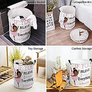 Laundry Basket Inspirational Life,Waterproof Collapsible Clothes Hamper Pink African American Ballerina,Large Storage Bag for Bedroom Bathroom 16.5x17In
