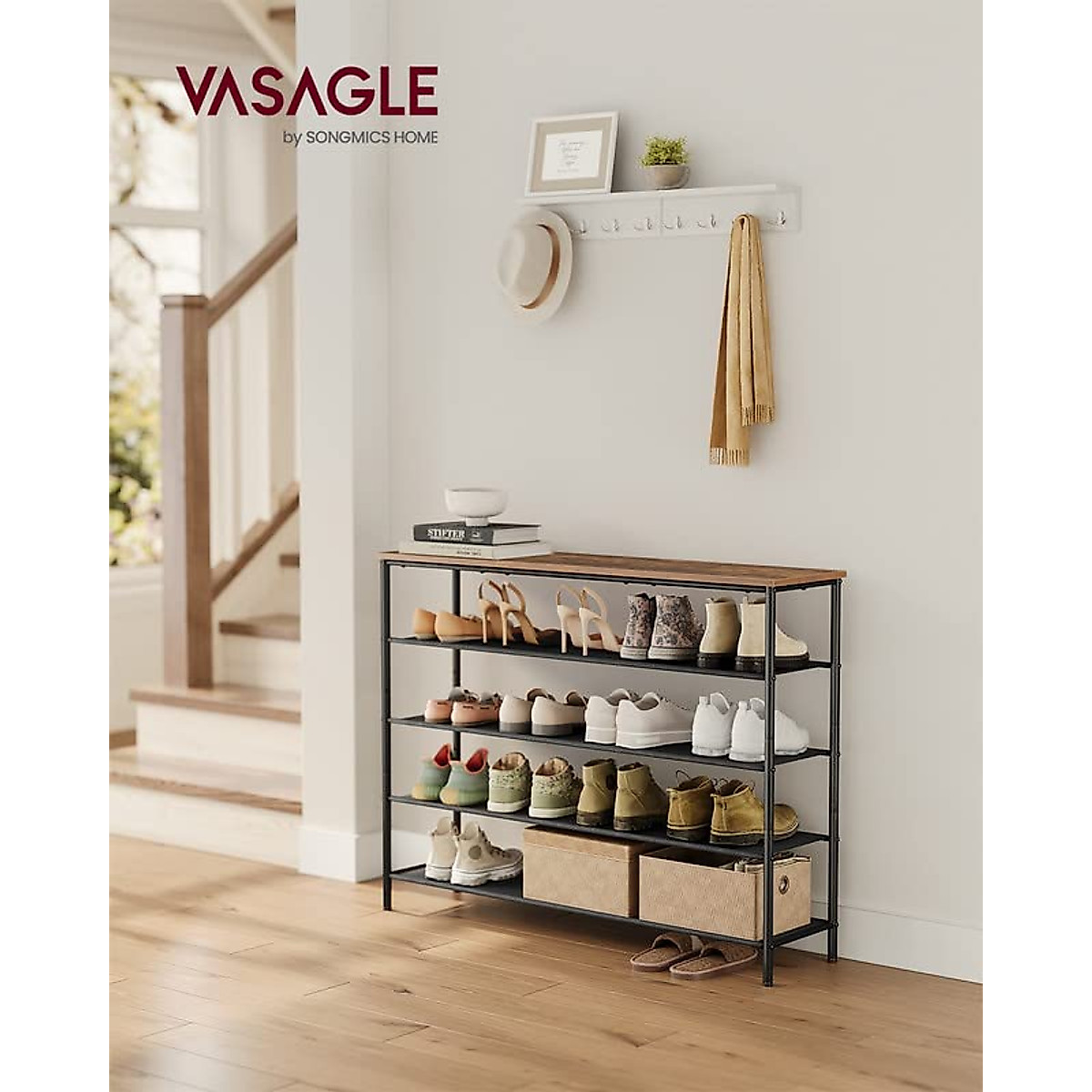 VASAGLE Shoe Rack 5 Tier, Narrow Shoe Organizer for Closet Entryway, with 4 Fabric Shelves and Top for Bags, Shoe Shelf, Steel Frame, Industrial, Rustic Brown and Black ULBS136B01