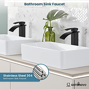 gotonovo Waterfall Tall Bathroom Faucet Single Handle Bathroom Faucets for Sink 1 Hole Stainless Steel Vessel Sink Faucet Modern Mixer Tap Wash Basin Faucet Without Pop Up Drain, Matte Black