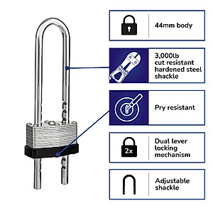 BRINKS - 44mm Laminated Steel Keyed Padlock with Adjustable Shackle - Chrome Plated with Hardened Steel Shackle