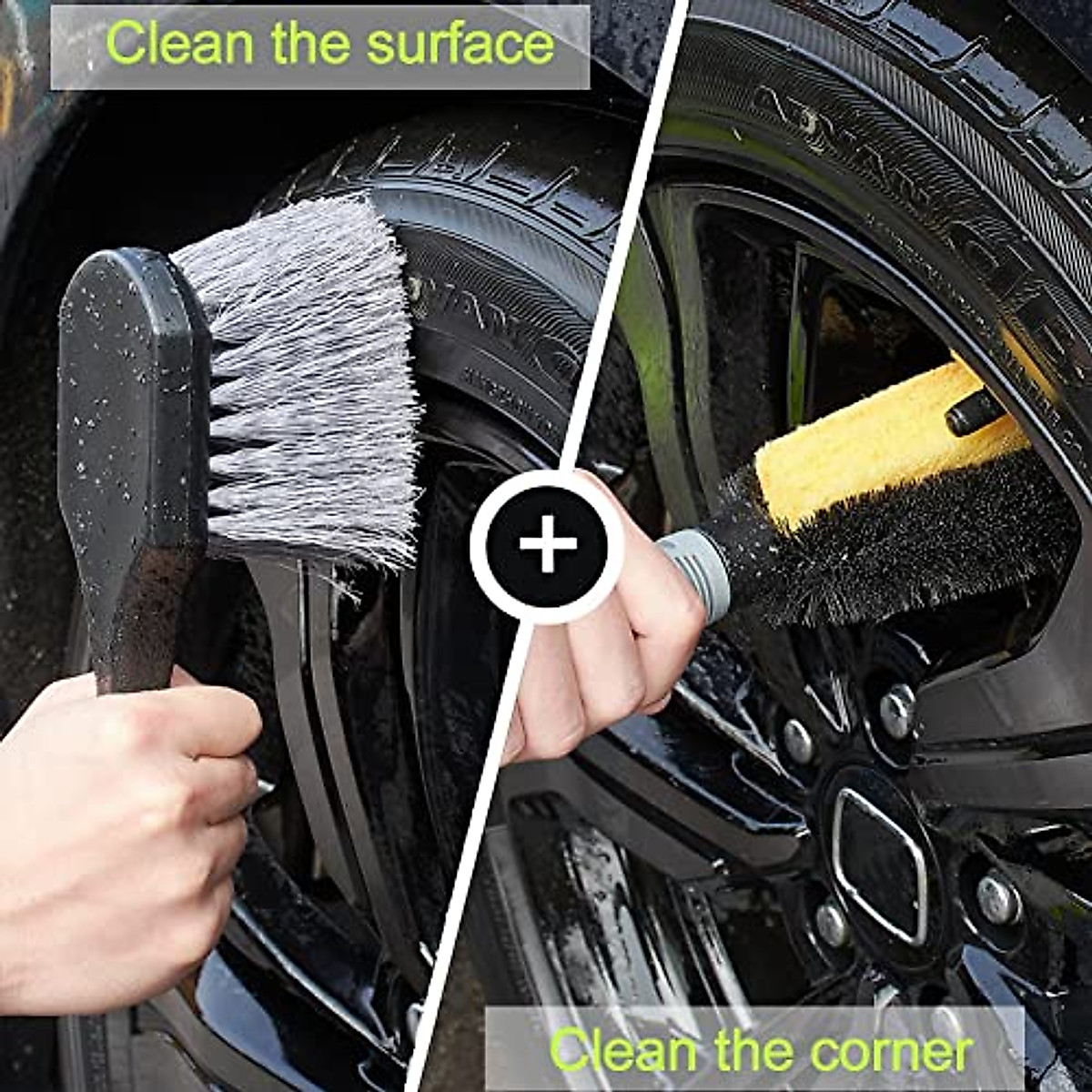 JSCARLIFE Car Wheel & Tire Brush, Wheel Cleaner Brush Kit, Car Care Brush, Deep Scrub Car Wash Brus, Car Washing Brush Multipurpose use for Tire, Motorcycle, Metal Surface