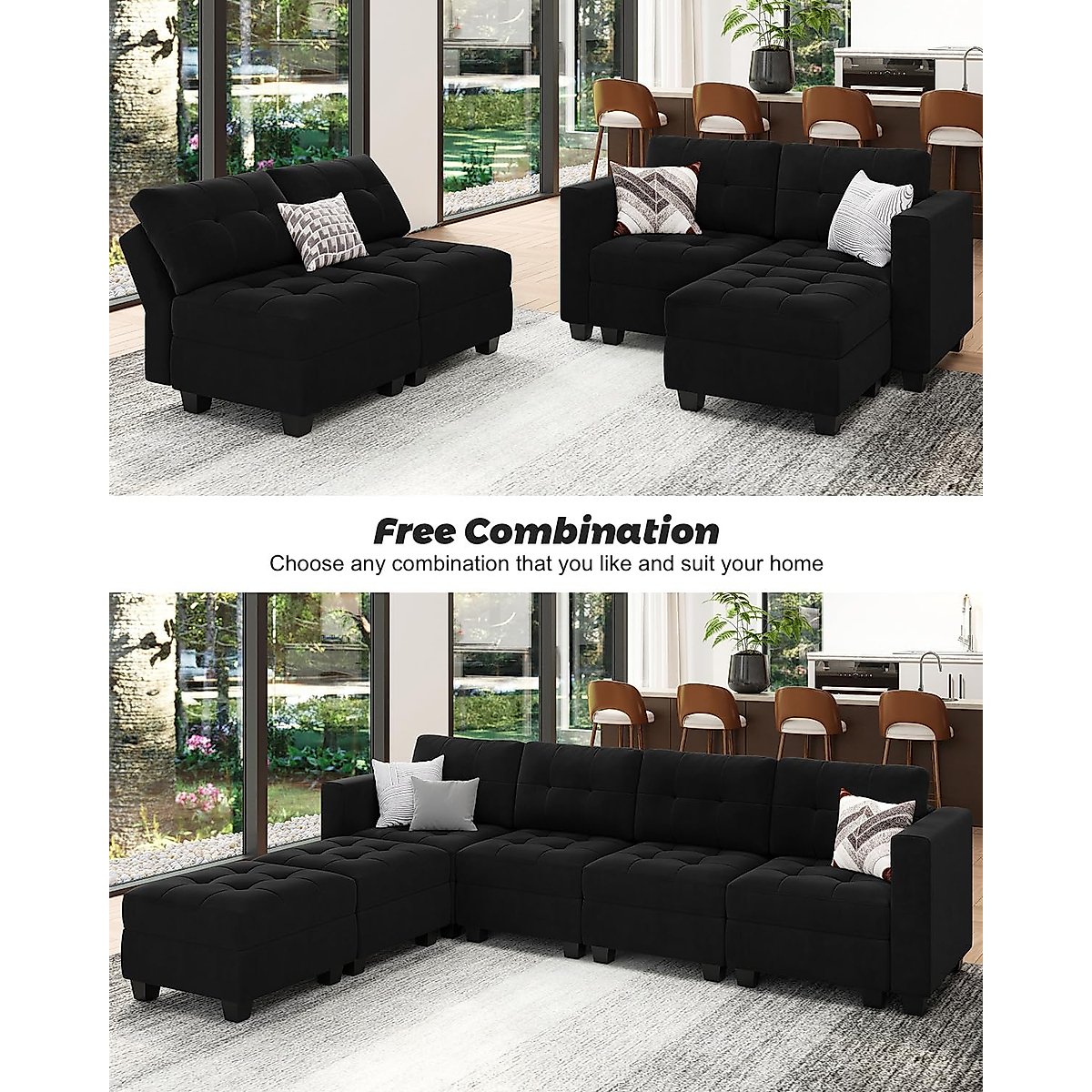 Belffin Modern U Shaped Modular Sectional Sofa with Storage Seats, 6 Seats Sleeper Couch with Reversible Chaise, Modular Oversized Sectional with Ottomans, Black