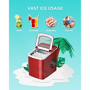 Silonn Ice Maker Machine for Countertop, 9 Bullet Cubes Ready in 6 Minutes, 26lbs 24Hrs Portable Self-Cleaning, 2 Sizes of Bullet-Shaped Home Kitchen Office Bar Party, Red
