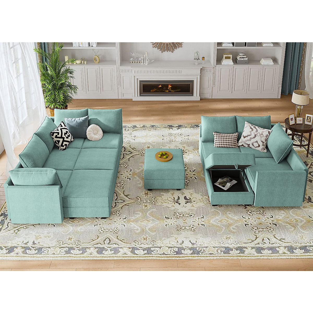HONBAY Convertible U Shaped Modular Sofa Sectional Modular Couch with Chaise Oversized Sofa Sleeper Couch for Large Living Room,Aqua Blue