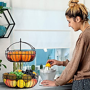 2- Tier Fruit Basket for Kitchen Counter, Homewill Fruit Basket with Banana Hanger, Hanging Wire Fruit Vegetable Basket Bowls Storage for Countertop