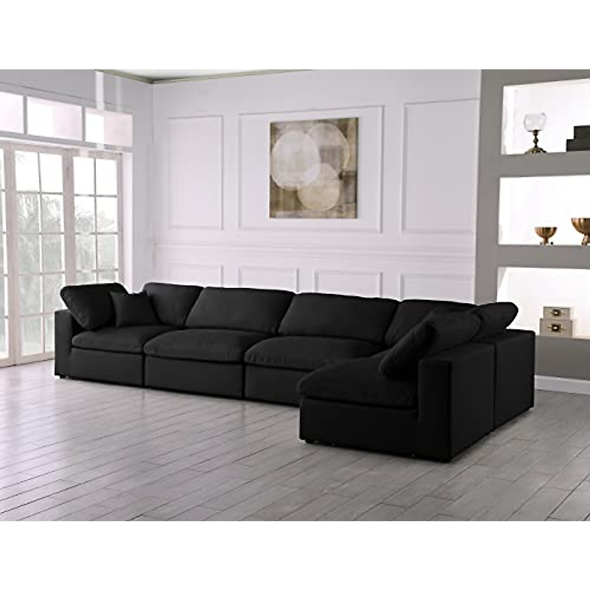 Meridian Furniture Plush Collection Contemporary Down Filled Cloud-Like Comfort Overstuffed Velvet Upholstered Modular L-Shaped Sectional, 5-Seater, Semi-Armless, Black
