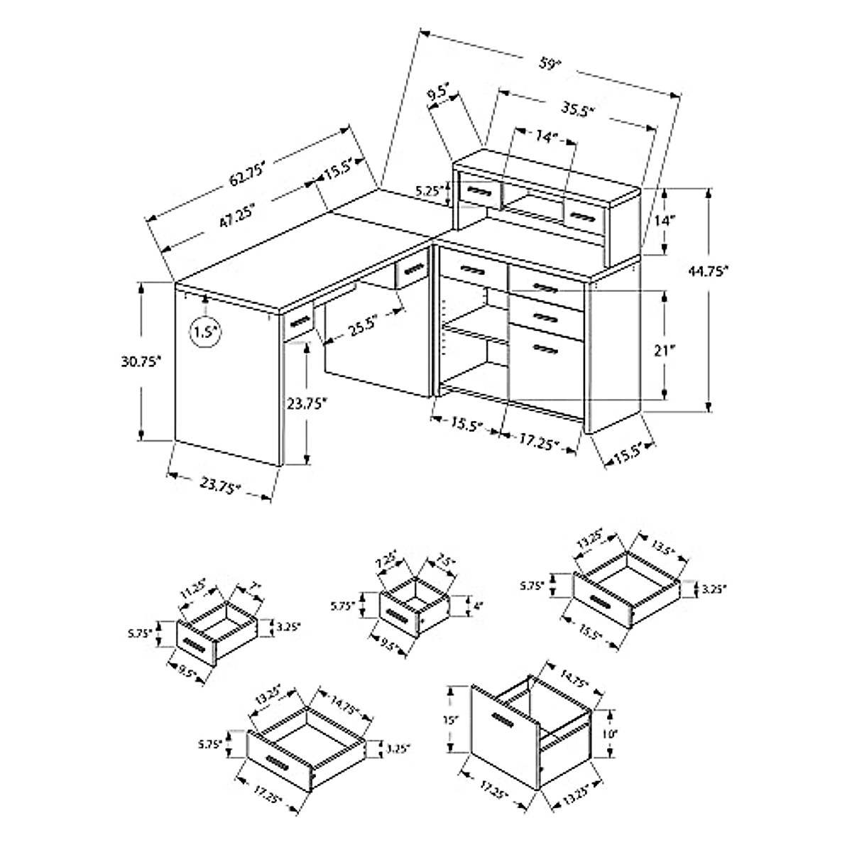 Monarch Specialties Computer Desk L-Shaped - Left or Right Set- Up - Corner Desk with Hutch 60"L (Cappuccino)