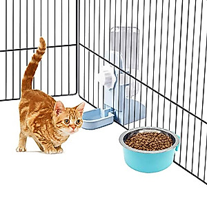 Crate Bunny Food Bowl Removable Stainless Steel Hanging Drinking Fountain Plasticbottle Water Dispenser Drinker Food Feeder Pet Cage Bowl Feeder Cup for Rabbits Cat Puppy Rats Guinea Pigs