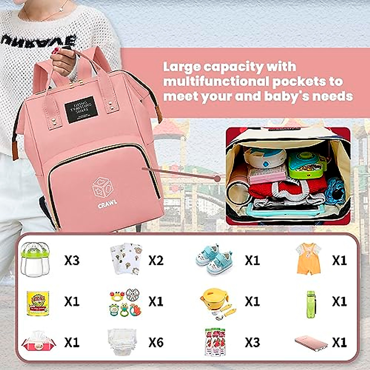 CRAWL Diaper Backpack, Bag, Waterproof Backpack, Baby Girl, Baby Boy, Back Pack, Newborn, Red, Blue, Pink, Multicolored, Backpack (Pink)