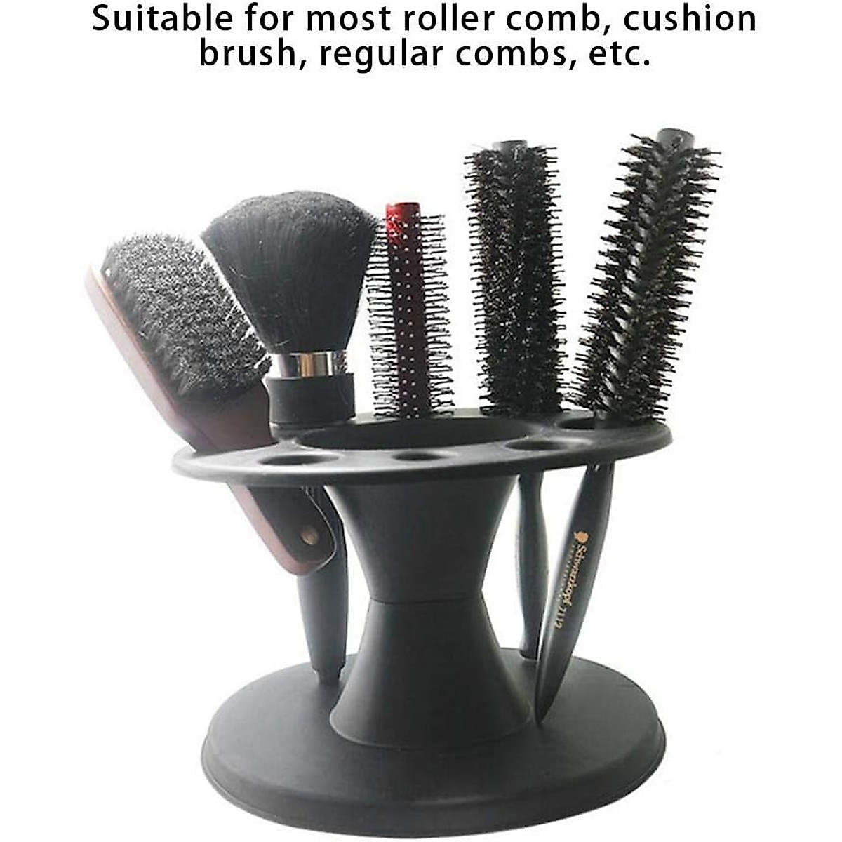 HURRISE Hair Brush Holder Stand,Plastic Round Hair Brush Comb Holder Display Rack Hair Styling Brush Stand Shelf Accessories(Black)