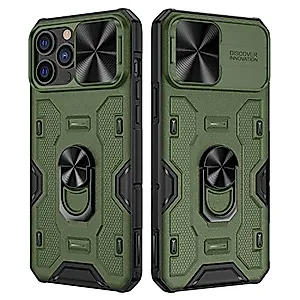 VEGO for iPhone 13 Pro Max Stand Case, iPhone 12 Pro Max Case with Slide Lens Cover, Built-in 360° Rotate Ring Stand Magnetic Car Mount Cover Case for iPhone 13 Pro Max / 12 Pro Max 6.7 inch - Green