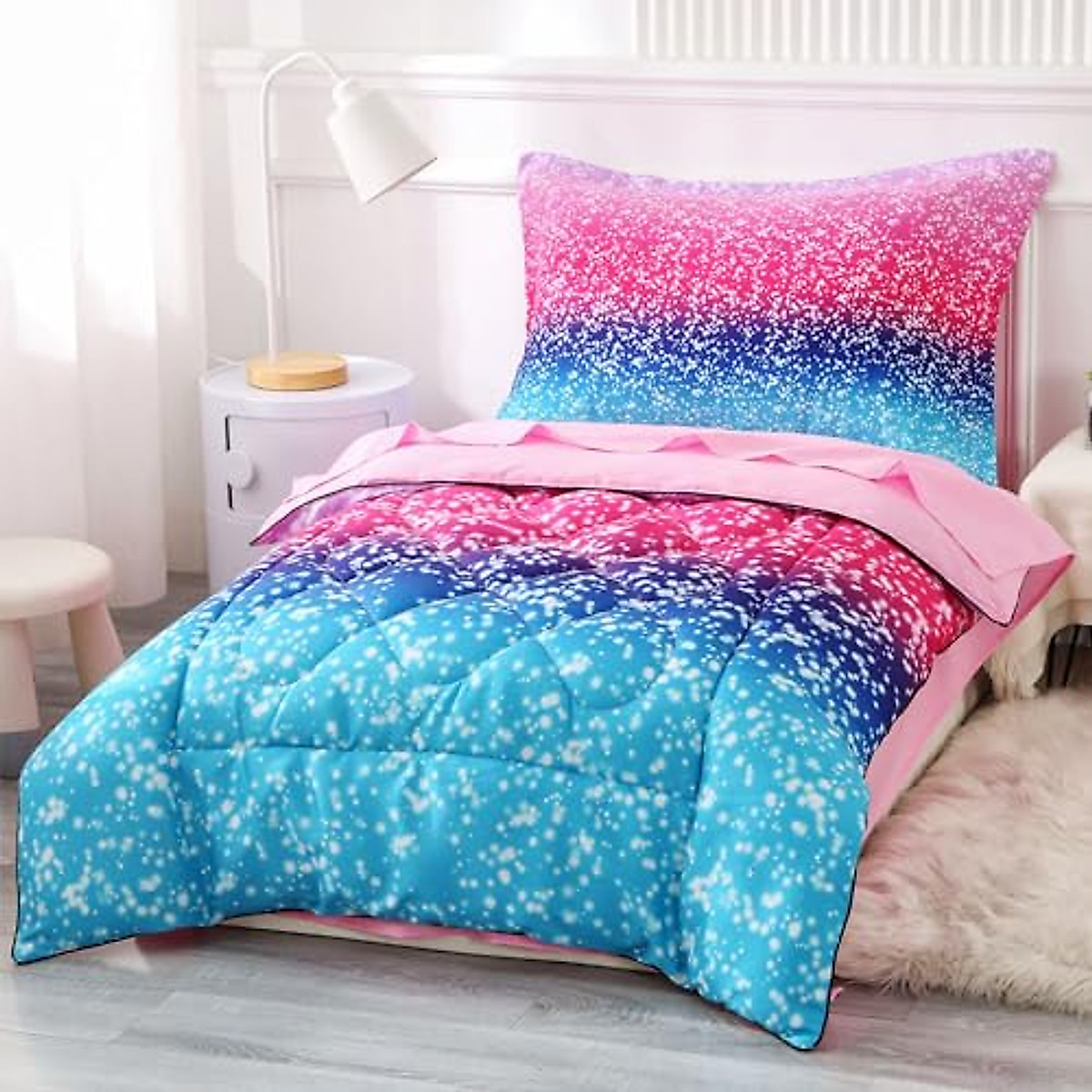 Wowelife 4 Piece Galaxy Toddler Bedding Sets Star Toddler Comforter Sets Pink Blue for Girls and Boys Gradient Glitter Comforter Sheet Set with Comforter, Fitted Sheet, Flat Sheet and Pillowcase