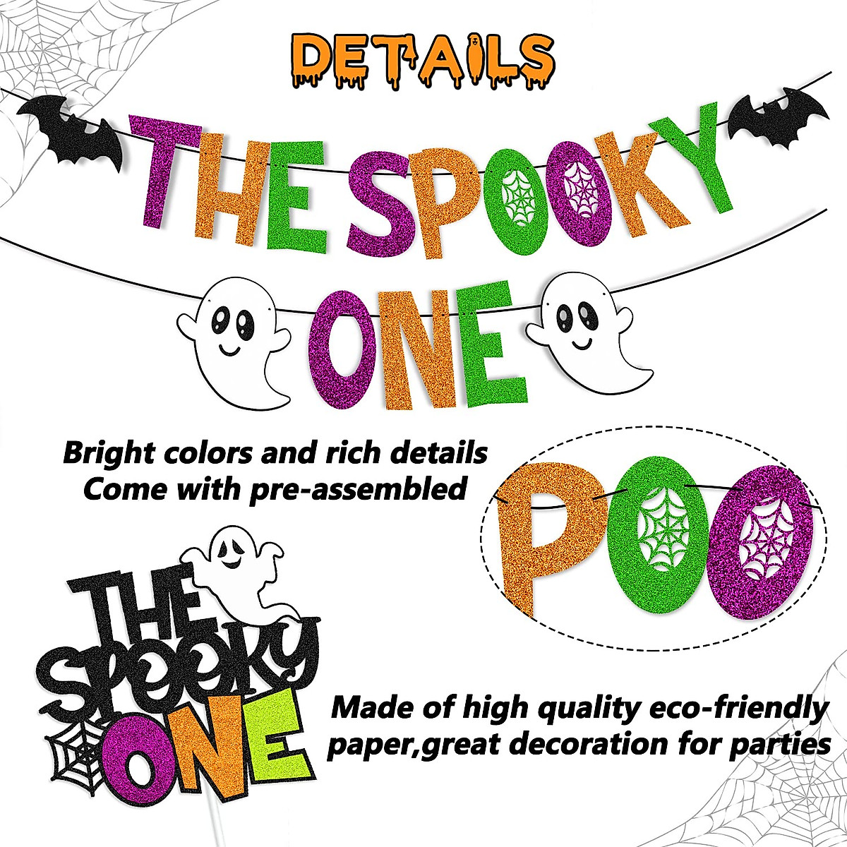 58 PCS Halloween 1st Birthday Decorations The Spooky One Party Decorations Happy Bday Banner Cake Topper Ghost Spider Web Haunted House Themed for Kids Boy Girl One Year Old First Bday Party Supplies