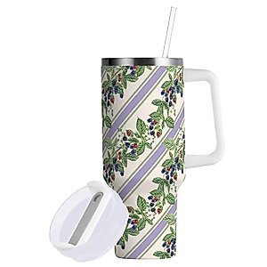 Emelivor Berries Leaves Stripes 30 oz Tumbler with Lid and Straw Insulated Tumblers with Handle Leak Proof Travel Coffee Mug Water Cup Bottles Fits in Car Cup Holder