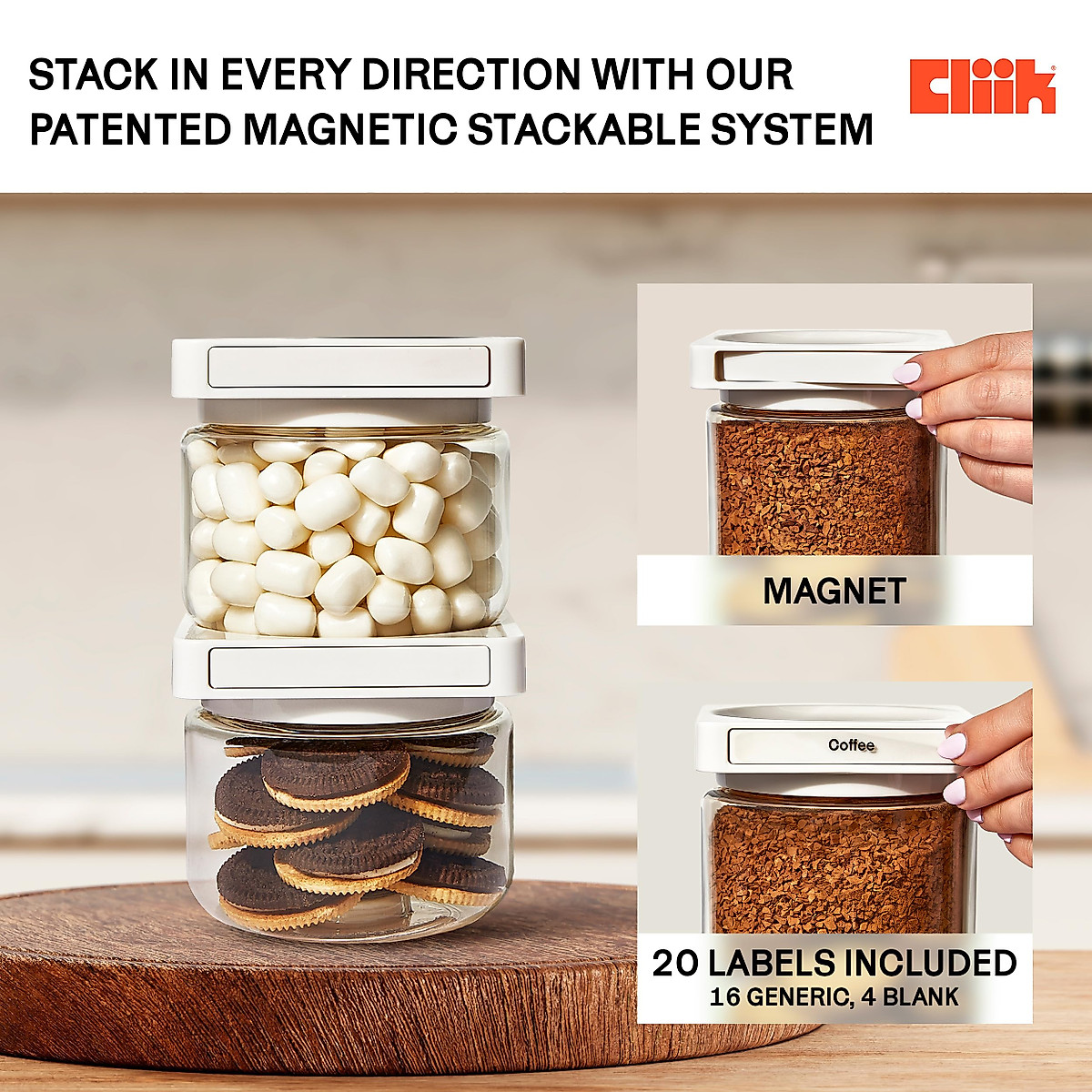 Cliik 3-Pack Magnetic Stackable Kitchen Containers, Jars for Organization and Storage, Kitchen Storage & Pantry Organizer with Lid, Shatterproof, Leakproof & Airtight