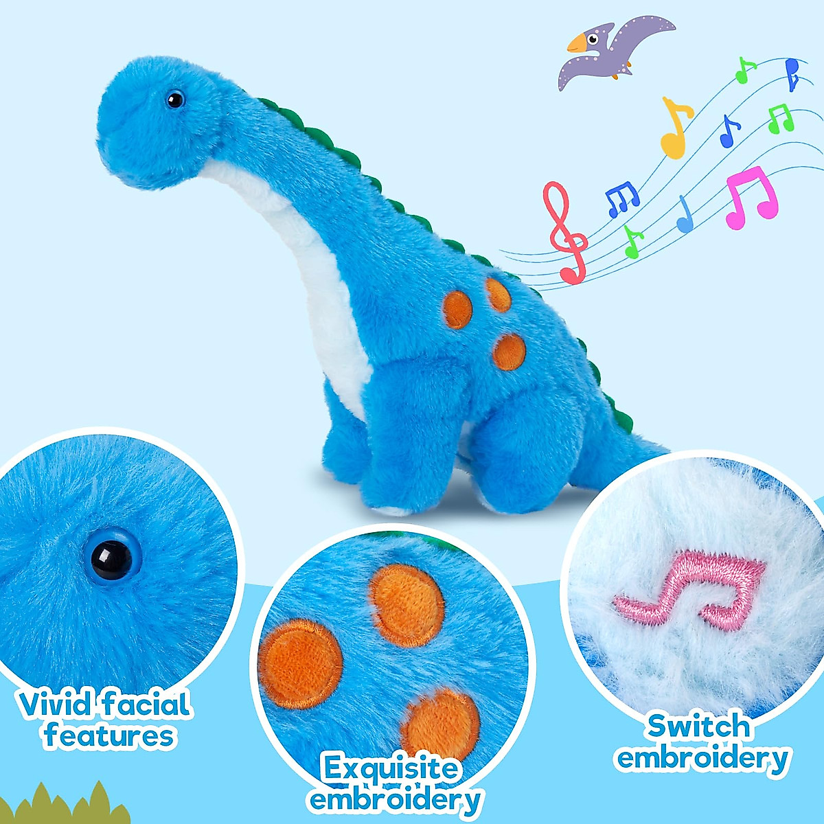 Houwsbaby 14" Blue Musical LED Dinosaur Stuffed Animal Floppy Diplodocus Plush Toy Singing Light Up Adorable Long Neck Lullaby Animated Soothe Baby Birthday Christmas Halloween for Kids Boy Toddlers
