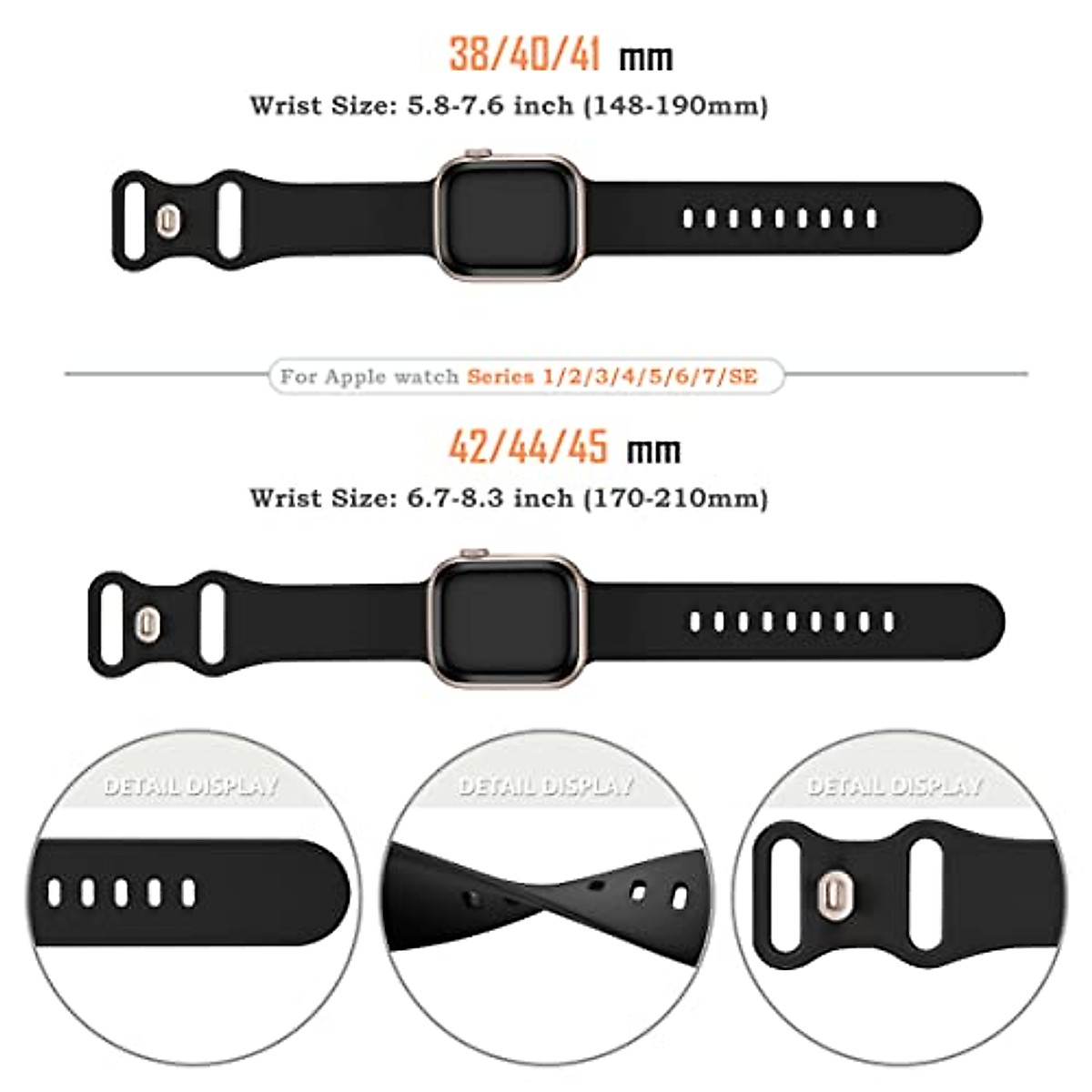 Sport Bands Compatible with Apple Watch Band 49mm 45mm 44mm 42mm 41mm 40mm 38mm for Women Men,Soft Silicone Waterproof Wristband Strap Compatible for iWatch Series Ultra 8 7 6 5 4 3 2 1 SE,Black