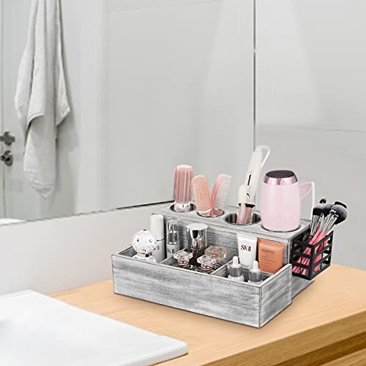 TRSPCWR Hair Tool Organizer, Wooden Hair Dryer Holder and Bathroom Countertop Blow Dryer Holder, Vanity Caddy Storage Stand for Accessories, Makeup, Toiletries