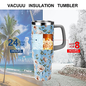 40 oz Insulated Tumbler for Women, Birthday Gifts for Women, Personalized Leakproof Tumblers with Flower, Double-Wall Vacuum Travel Mug with Handle Stainless Steel Straw and silicone sleeves (Blue)