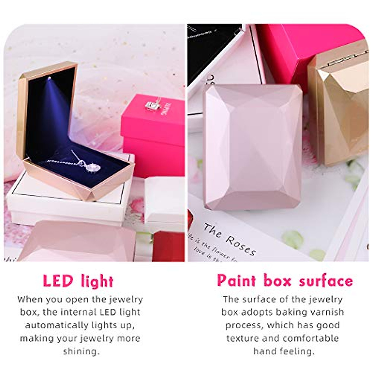 iSuperb LED Pendant Necklace Box Bracelet Box Couple Jewelry Gift Boxes Case Small Jewelry Display for Proposal Engagement Wedding Valentine's Day (Pink)