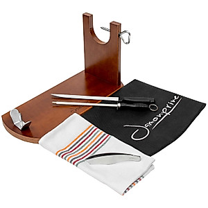 Professional Ham Stand Lacquered with Ham Knife + Sharpening Steel + Ham Cover + Kitchen Cloth + Tongs - Ham Holder Ideal for Serrano Ham, Iberico Ham and Italian Prosciutto - Jamonprive