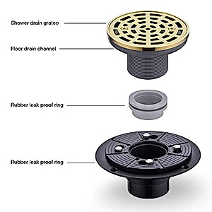 Round 4-1/4Inch Shower Drain, 304 Stainless Steel Brushed Gold Shower Floor Drain, Quadrato Pattern Grate Removable,Includes Drain Flange Kit