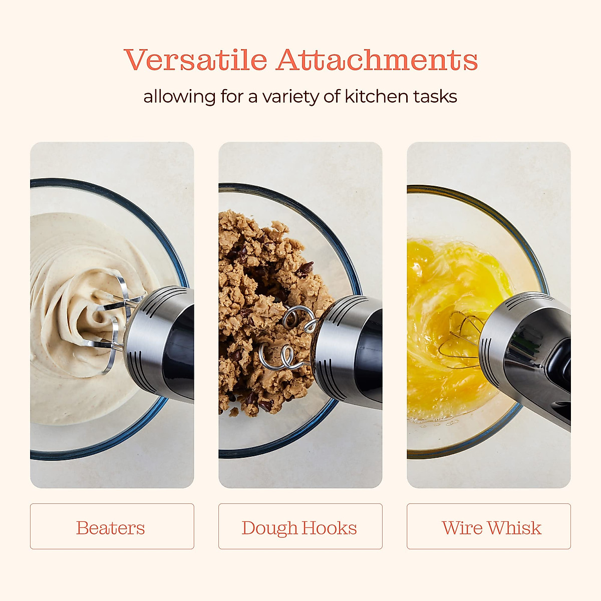 Powerful Electric Kitchen Hand Mixer, 200 Watts, 5 Speed Food Handheld Mixer, with Turbo Button, Dough, Whisk and Beater Attachments, and Accessory Bin, for Dough, Eggs, Batter, (White)