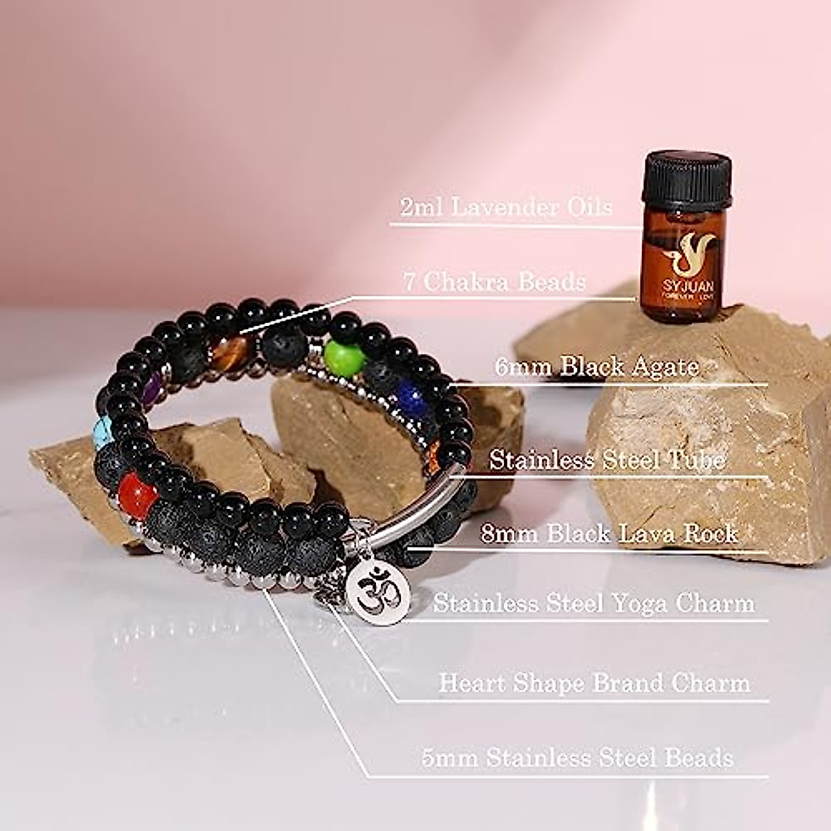 SYJUAN Coolest Mindfulness Yoga Gifts 7 Chakra Bracelet Multi Layer Worry Stone for Anxiety Aromatherapy Diffuser Reiki Meditation Gifts for Women