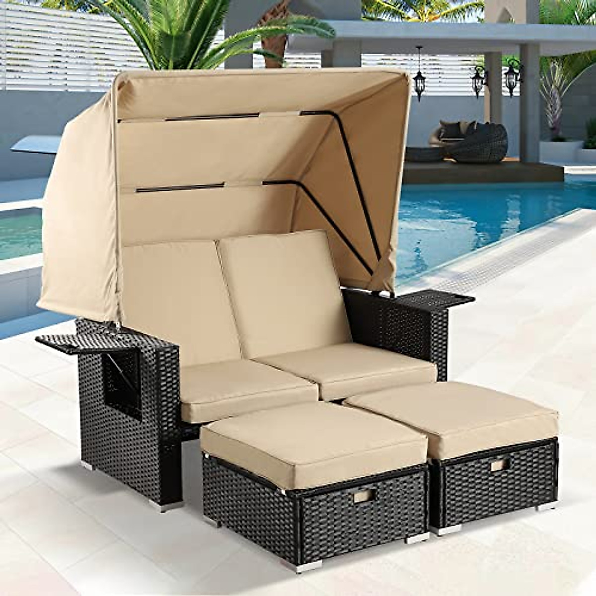 MAGIC UNION Outdoor Furniture Wicker Loveseat Sofa Set with Retractable Canopy, Rattan Patio Seating Chairs Poolside Sunbed with Ottomans, Khaki Cushions for Backyard