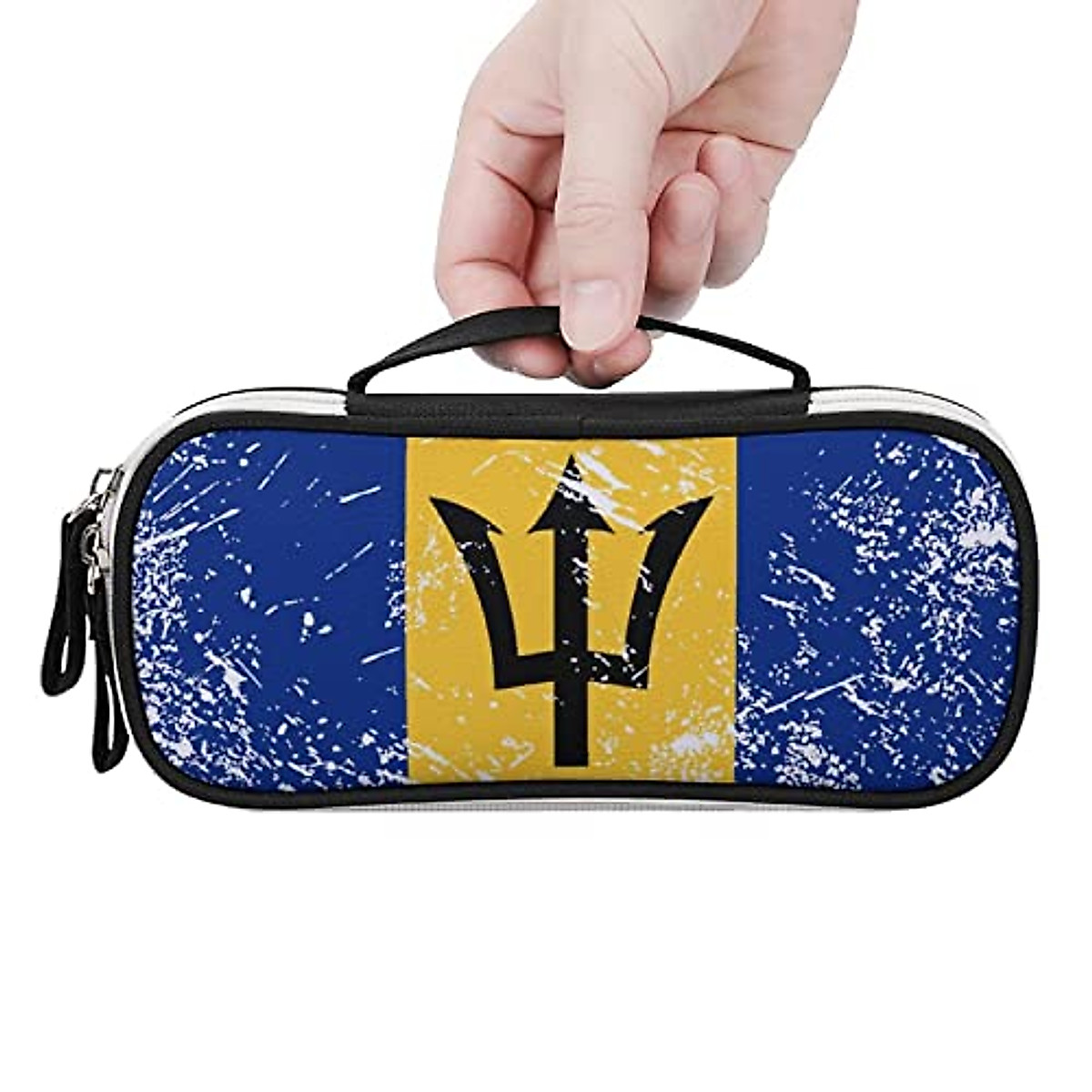Retro Barbados Flag Printed Pencil Case Bag Stationery Pouch with Handle Portable Makeup Bag Desk Organizer
