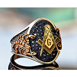 Handcrafted 925 Sterling Silver Men's Freemason Scorpion Ring with Black Agate Gemstone, Masonic Gold Plated King Signet Design, Unique Sterling Silver Ring
