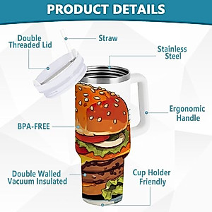 Jihqo Cartoon Burger 40 oz Stainless Steel Vacuum Insulated Tumbler with Handle and Straw Lid, Leakproof Water Bottle Double Wall Travel Mug Coffee Cup, Cupholder Friendly